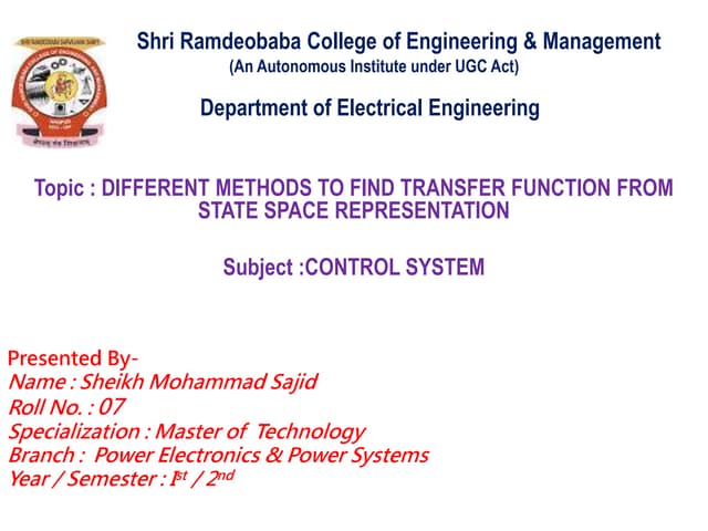 To Find Transfer Function From State Space Representation Ppt