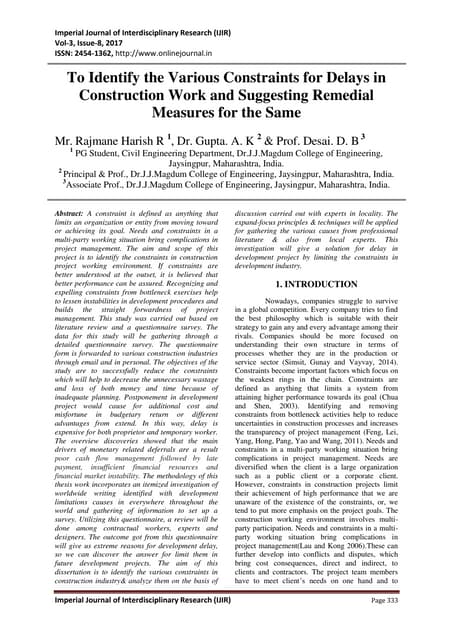 IRJET- A Review Paper on Quantifay the Different Constraints for Delays in Infrastructure ...