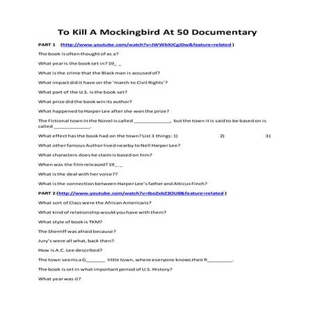 To kill a mockingbird at 50 film questions | DOCX