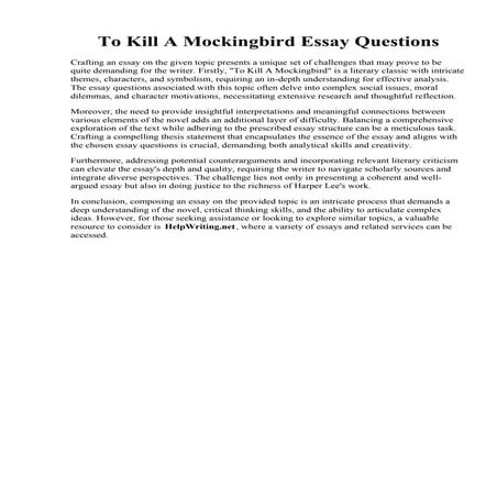 To Kill A Mockingbird Essay Questions. To Kill a Mockingbird by Harper ...