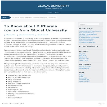 To know about b.pharma course from glocal university | PDF
