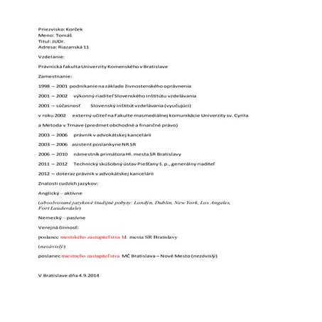 Tomas Korcek Zivotopis | DOCX