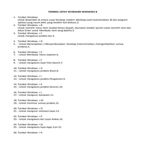 Tombol cepat keyboard windows 8 | DOCX