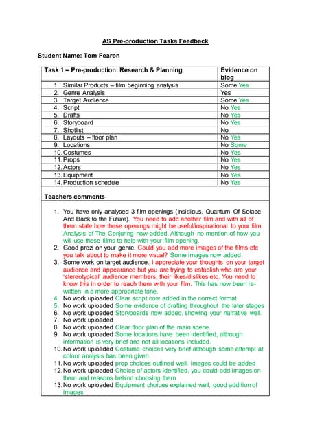 Jonathan newton as pre production tasks feedback sheet | PDF