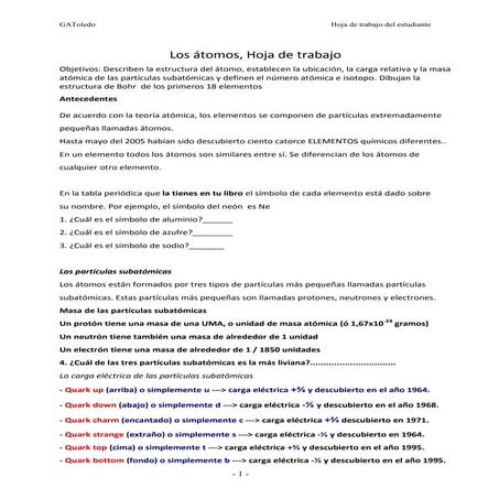 Hoja De Trabajo Sobre Materia Y átomos