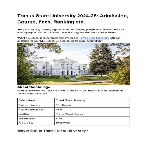 Tomsk State University 2024-25: Admission, Course, Fees, Ranking etc ...
