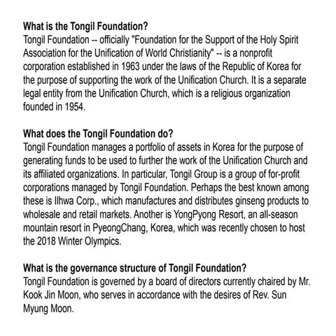 Tongil Foundation (Unofficial) FAQ | PPTX