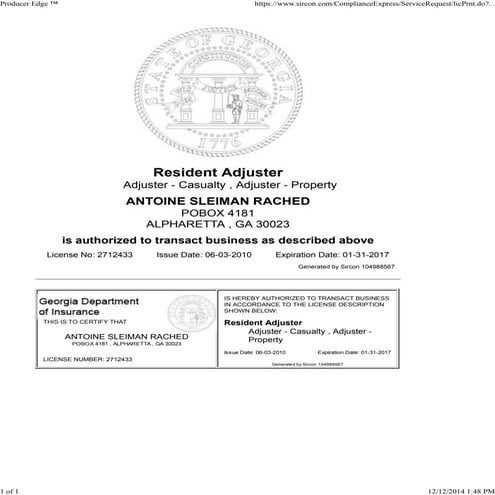 Tony rached-licensed-adjuster-license | PDF