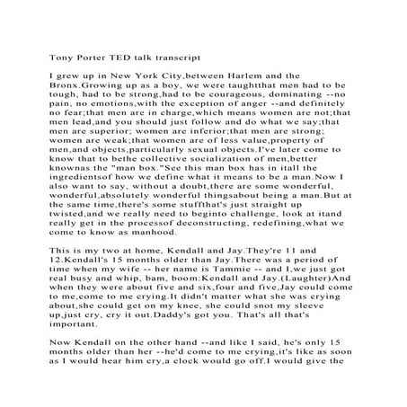 Tony Porter TED talk transcriptI grew up in New York City,betw.docx