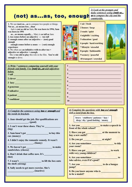 Too or enough esl grammar exercises worksheet (1) | PDF
