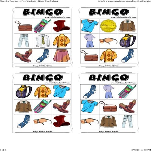 Clothing vocabulary bingo board | PDF