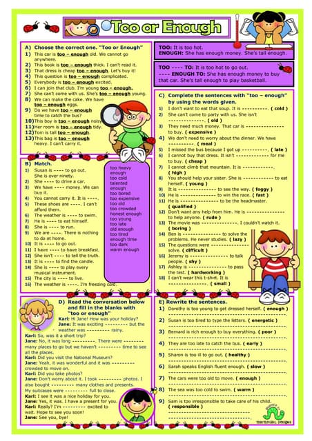 Too or enough esl grammar exercises worksheet (1) | PDF