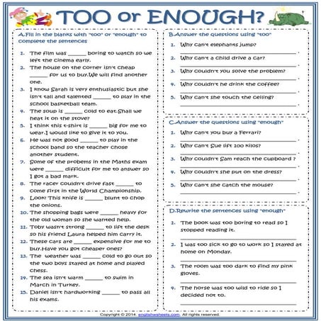 Too or enough esl grammar exercises worksheet (1) | PDF
