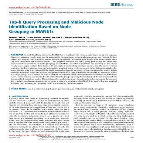 Top K Query Processing And Malicious Node Identification Based On Node Grouping In Manets Pdf