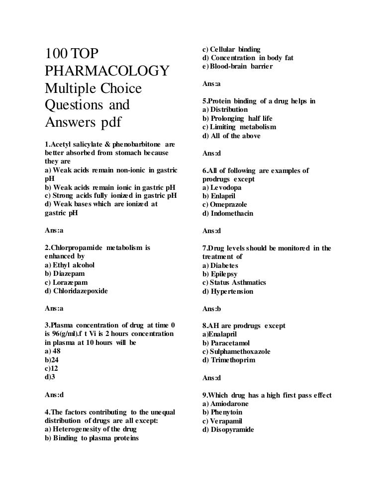 Top 100 pharmacology mcq & ans