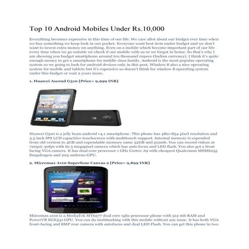 Top 10 Android Mobiles Under Rs.10,000 | DOCX | Smartphones | Consumer ...