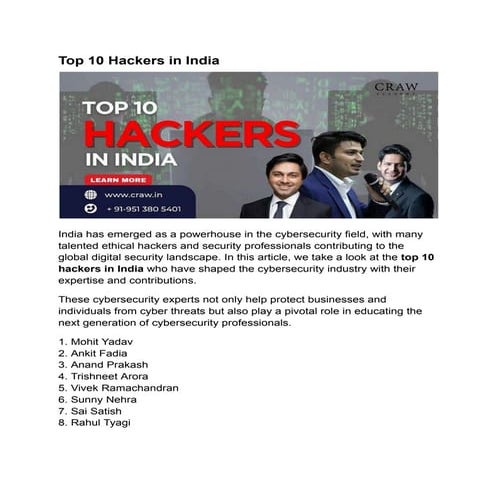 Top 10 Hackers in India who are driving innovation | PDF