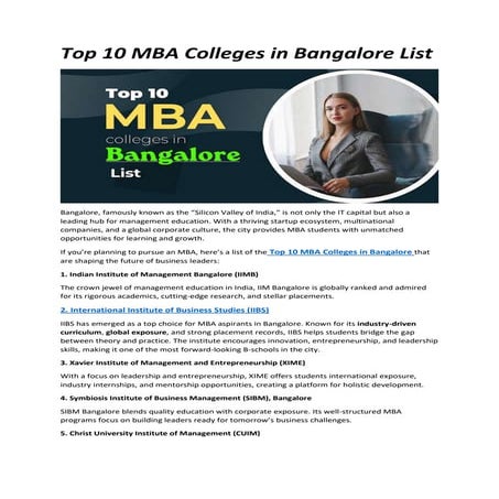 Top 10 MBA Colleges in Bangalore: A Gateway to Success | PDF