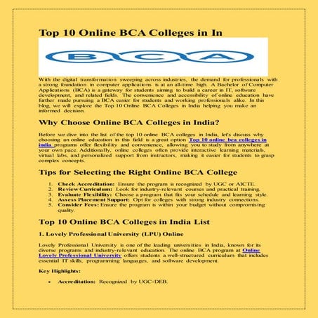 Top 10 Online BCA Colleges in In.pdf 2025 | PDF
