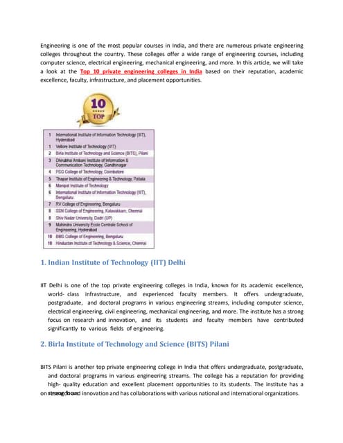 Engineering Excellence: Ranking India’s Top B.Tech Colleges | PDF