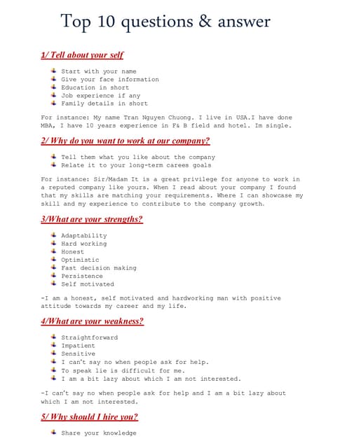 Top 10 Interview Questions and Answers | PPTX