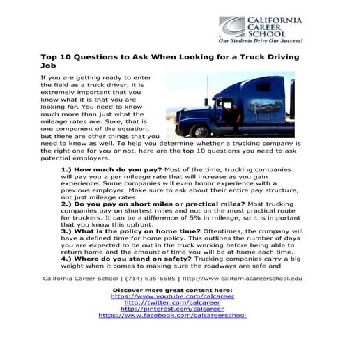 Top 10 Questions to Ask When Looking for a Truck Driving Job | PDF
