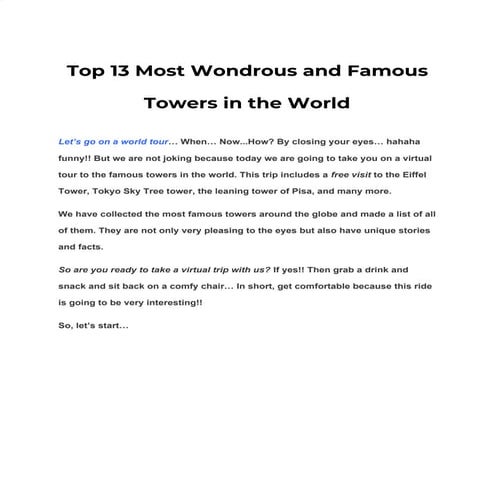 Top 13 most wondrous and famous towers in the world | PDF