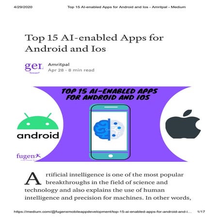 Top 15 ai enabled apps for android and ios - amritpal - medium | PDF