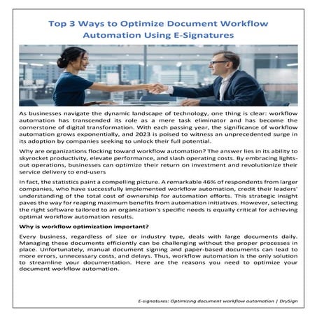Top 3 Ways to Optimize Document Workflow Automation Using E-Signatures | PDF
