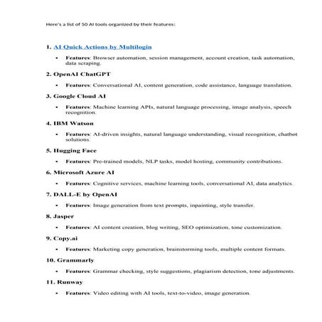 top 50 AI tools - according to features. | DOCX