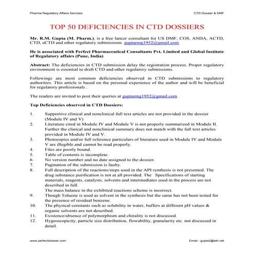 Top 50 deficiencies in CTD Dossier - Pharmaceutical | PDF