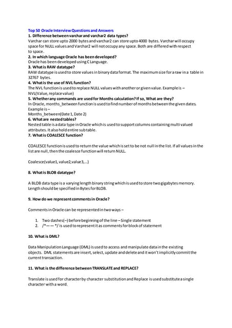 Top 50 oracle interview questions and answers | PDF Top 50 oracle interview questions and answers | PDF