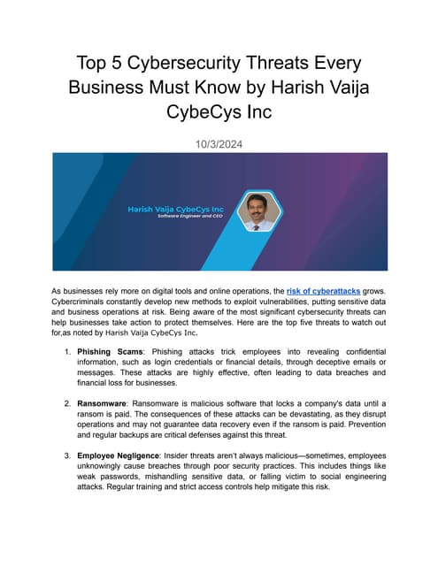 Harish Vaija Cybecys Inc, President & ceo at Cybecys inc