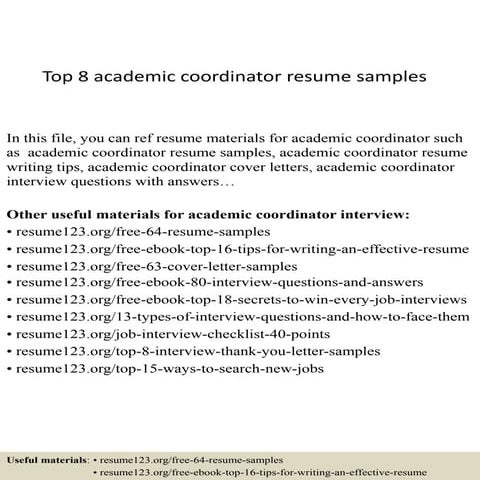 Top 8 academic coordinator resume samples | PPTX
