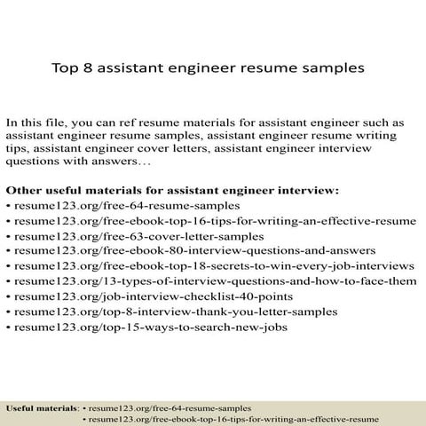 Top 8 assistant engineer resume samples | PPTX