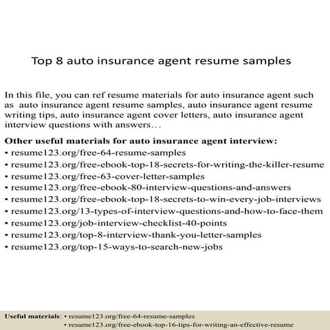 Top 8 auto insurance agent resume samples | PDF