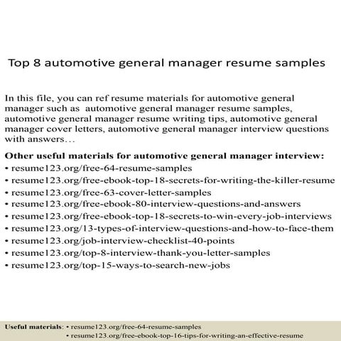 Top 8 automotive general manager resume samples | PPTX