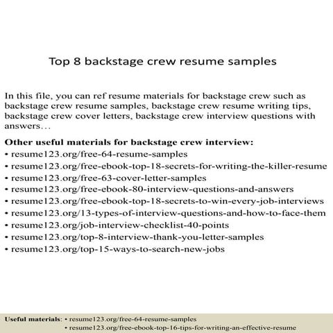 Top 8 backstage crew resume samples | PPTX