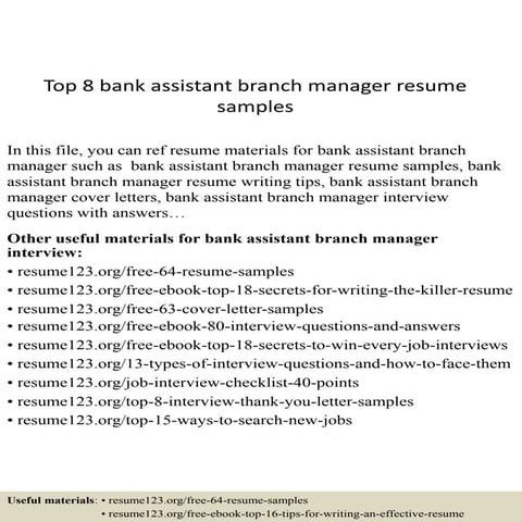 Top 8 bank branch manager resume samples | PPTX