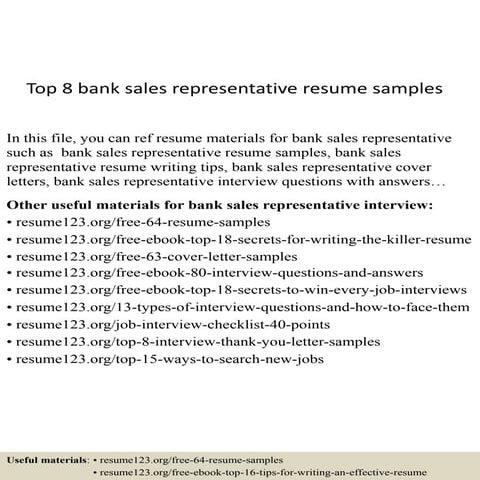 Top 8 bank sales representative resume samples | PPTX