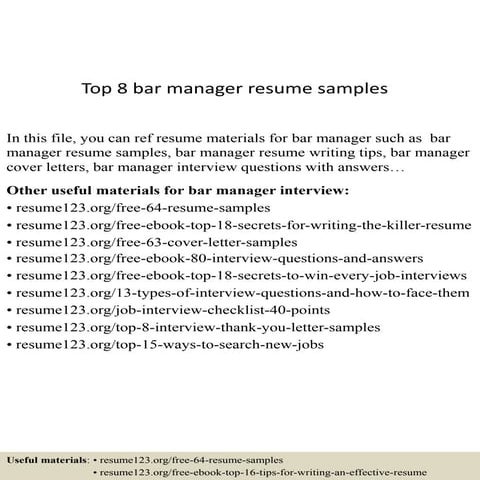Top 8 bar manager resume samples | PDF