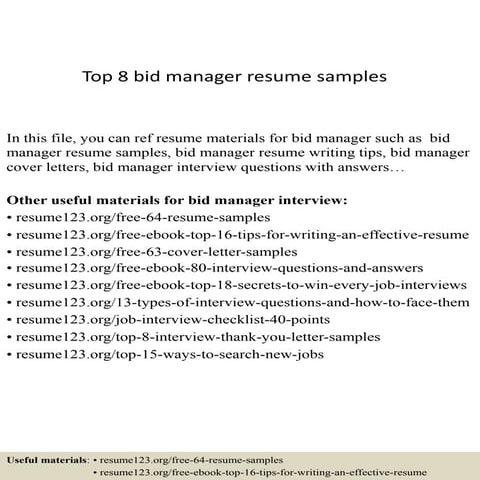 Top 8 bid manager resume samples | PPTX