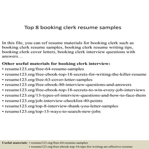 Top 8 booking clerk resume samples | PPTX