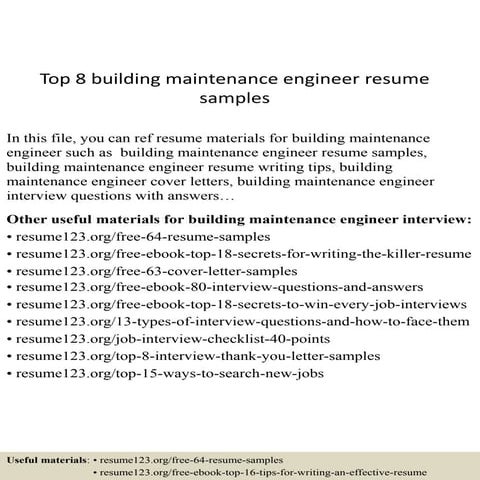 Top 8 building maintenance engineer resume samples | PPTX | Resume ...