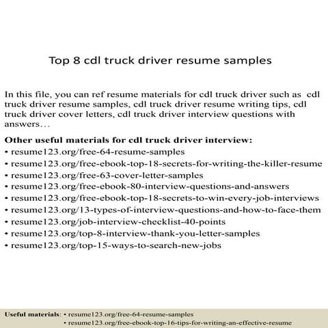 Top 8 cdl truck driver resume samples | PPTX