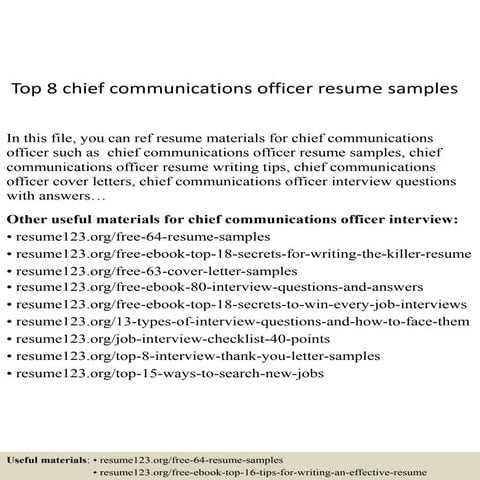 Top 8 chief communications officer resume samples | PPTX