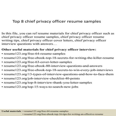 Top 8 chief privacy officer resume samples | PPTX