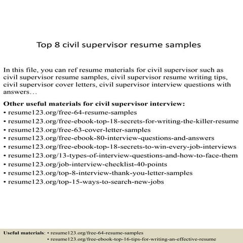 Top 8 civil supervisor resume samples | PPTX