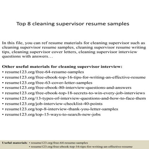 Top 8 cleaning supervisor resume samples | PPTX