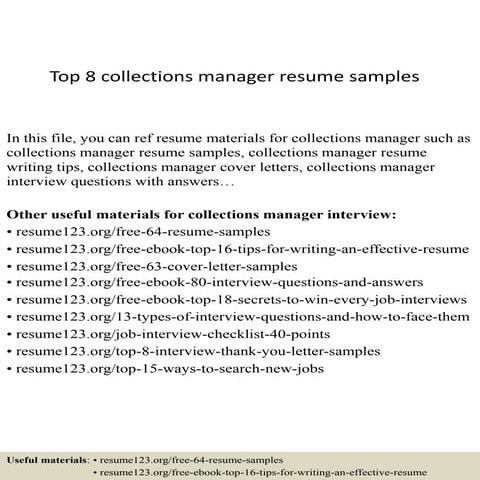Top 8 collections manager resume samples | PPTX